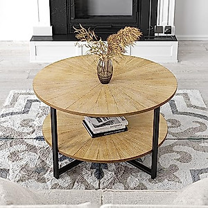 3imothrix Round Wood Coffee Table, Coffee Table with Storage Open Shelf, 31.49 inch 2 Tier Solid Wood Veneer Circle Coffee Table for Living Room (Coffee Table)