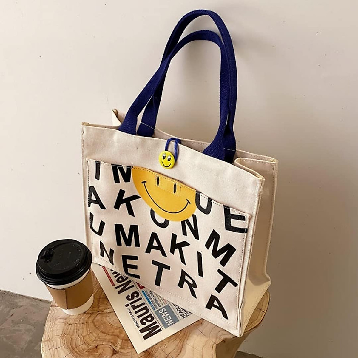 ROUGH & RAW, Tote Bag with Letter Smile Colorful Straps Shoulder Bag Canvas Single Shoulder Smile Face Bag Women`s Handbag Shopping Bags