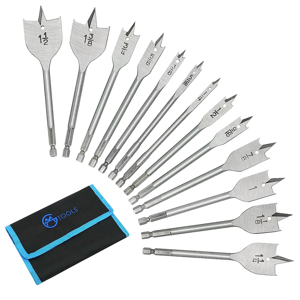 GMTOOLS 13 Piece Spade Drill Bit Sets, Paddle Flat Bit for Hole Cutter Woodworking, 1/4" to 1-1/2", Carbon Steel Paddle Flat Bit with Quick Change Shank, Nylon Storage Pouch Included
