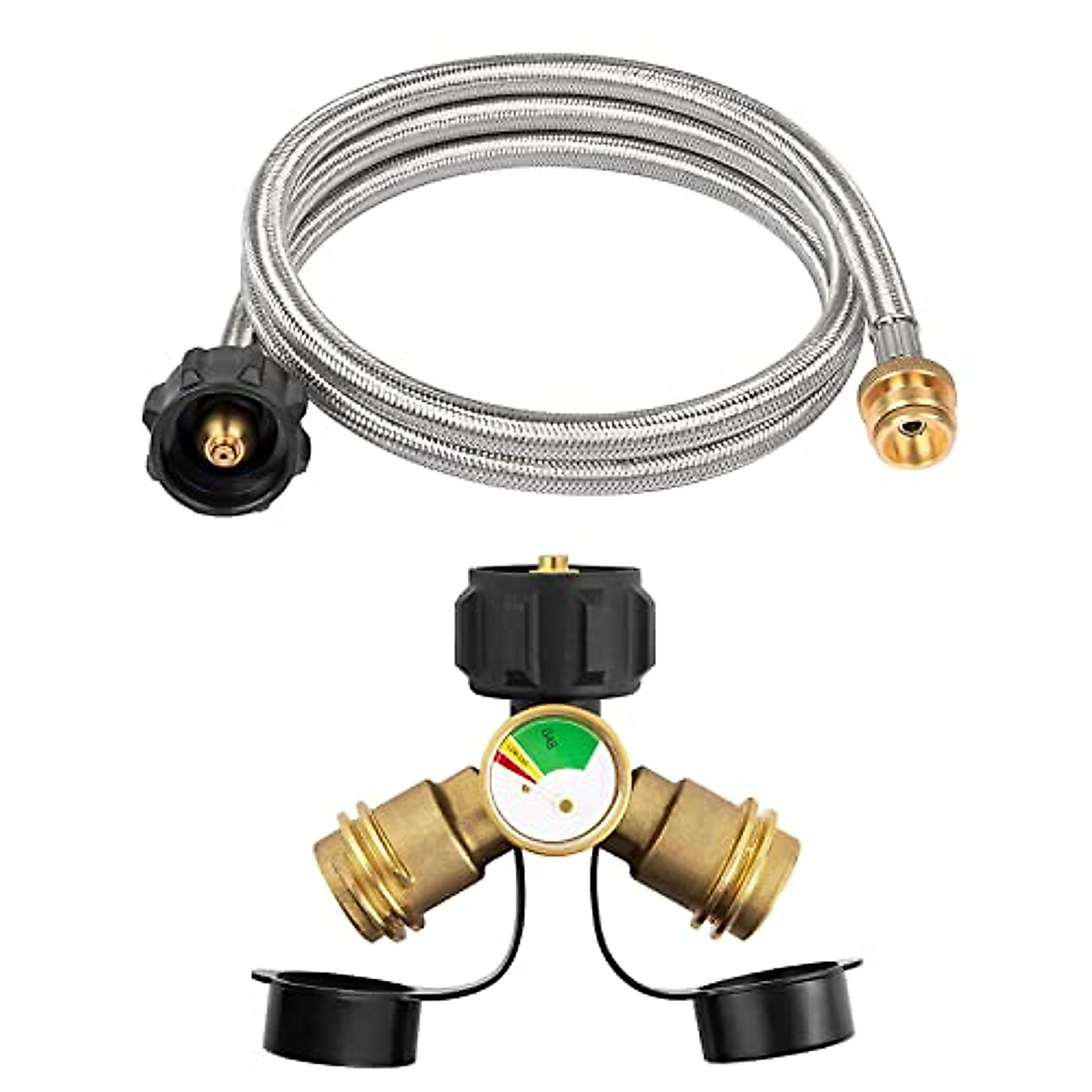SHINESTAR 1lb to 20lb Propane Adapter with Durable Braided Hose, Comes with A Propane Tank Splitter with Gauge, Fit for Propane Stove, Griddle, Gas Grill and More