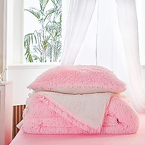 Luxury Faux Fur Shaggy Comforter Set King Size, Plush & Sherpa Reversible Comforter Pink, 3 Pieces Fluffy Fuzzy Bedding Set Ultra Soft and Warm for Winter (1 Comforter + 2 Pillowcases)