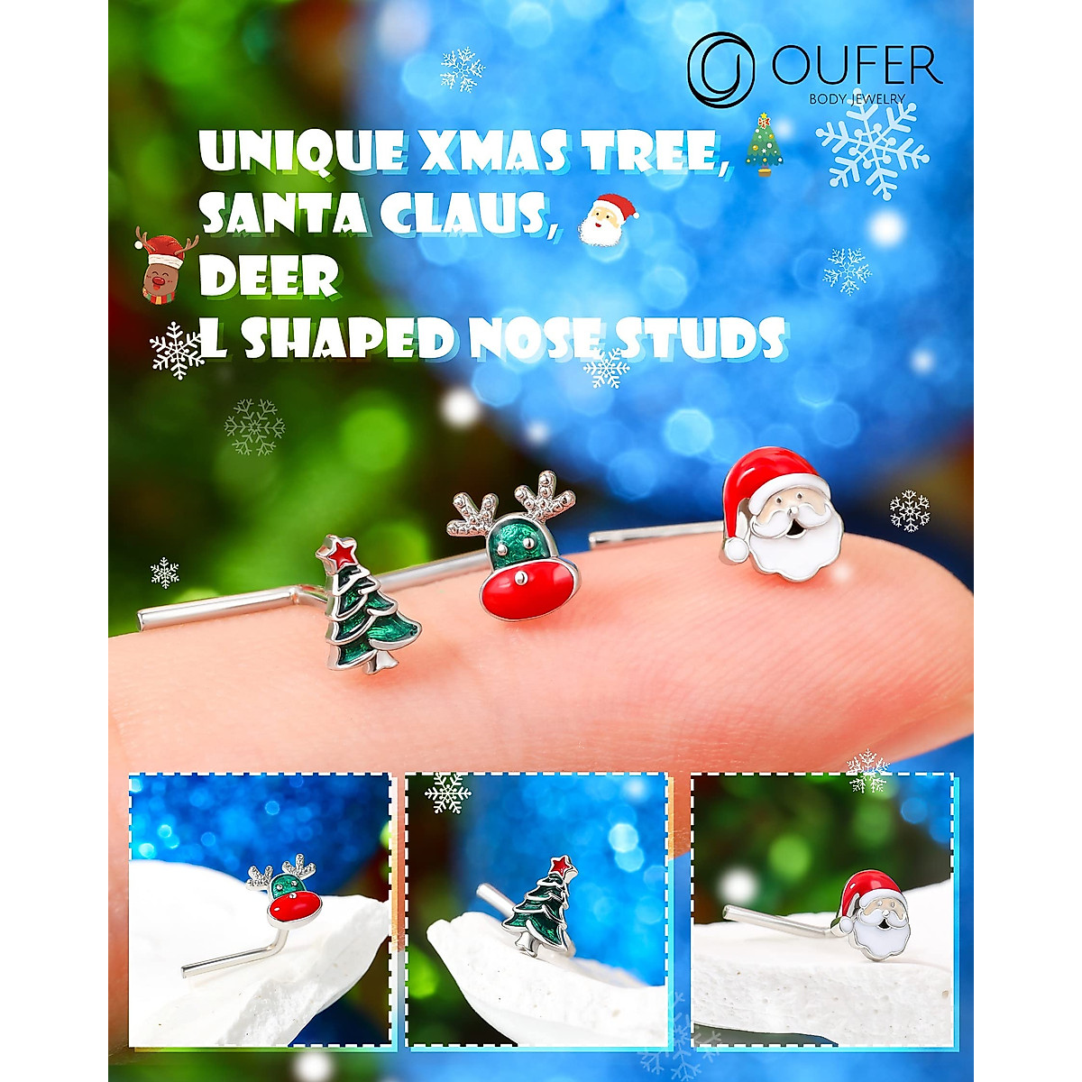 OUFER 20G Nose Studs, Christmas Elements L-Shaped Nose Piercing Jewelry, 316L Stainless Steel Nose Ring Stud, Nostril Piercing Jewelry for Women And Men