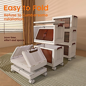 CNDSE 8.6Gal Foldable Double Door Storage Box, Collapsible Plastic Containers with Lids, White Stackable Storage Bins with Lockable Wheels, 3 Tiers