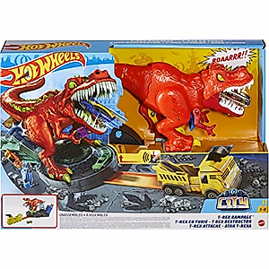 Hot Wheels T-Rex Rampage Track Set, Works City Sets, Toys for Boys Ages 5 to 10