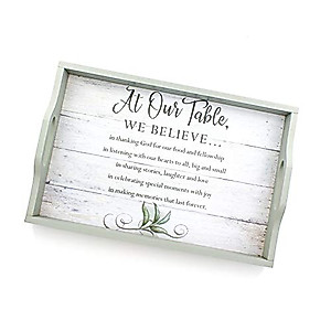 at Our Table We Believe Prayer Serving Tray with Slatted Wood Look 18"x 12" Rustic Farmhouse Modern Sage Green Leaves Decorative Large Platter
