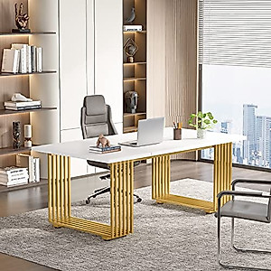 Tribesigns 70.9" Modern Office Desk, Wooden Computer Desk, White Executive Desk with Gold Metal Legs, Large Workstation for Home Office, Study Writing Desk, Small Conference Table for Meeting Room