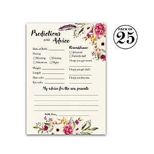 BOHO Prediction and Advice Cards - Pack of 25 - BOHEMIAN Pink GIRL Baby Shower Games, Floral Wishes for New Parents Mom & Dad to be Mommy & Daddy Message, Coed Shower Activity Keepsake Book G400-PDAV