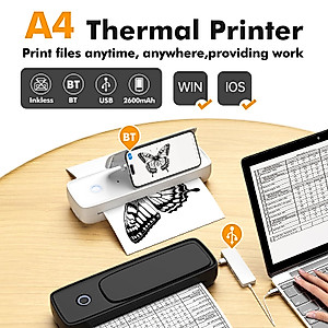 HXBER A4 Printer, A4 Portable Paper Printer Thermal Printing Wireless BT Connect Compatible with iOS and Android Mobile Photo PrinterSupport Various Paper Sizes
