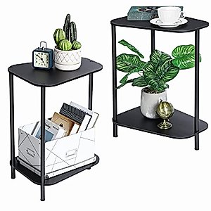Nandae Small Side Table Set of 2, 2 Tier Bamboo End Table Corner Table Wedge Snack Table with Rounded Corner for Small Space, Living Room, Black