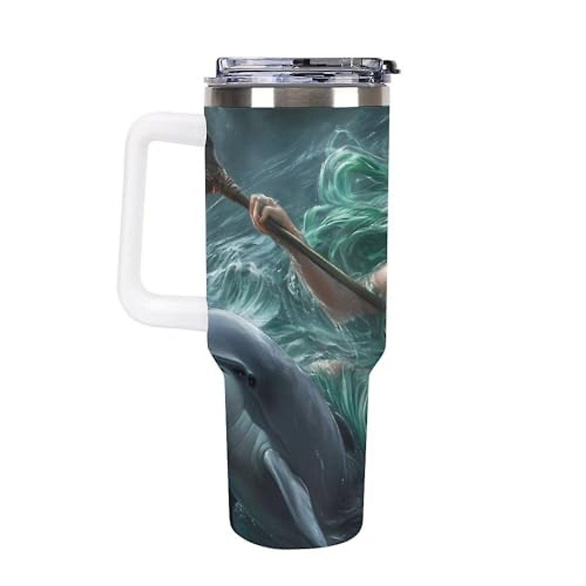 Ocean Goddess Dolphins Greek Myth 40oz Water Bottle Double Wall Insulated Tumbler with Handle Leakproof Travel Mug White-style