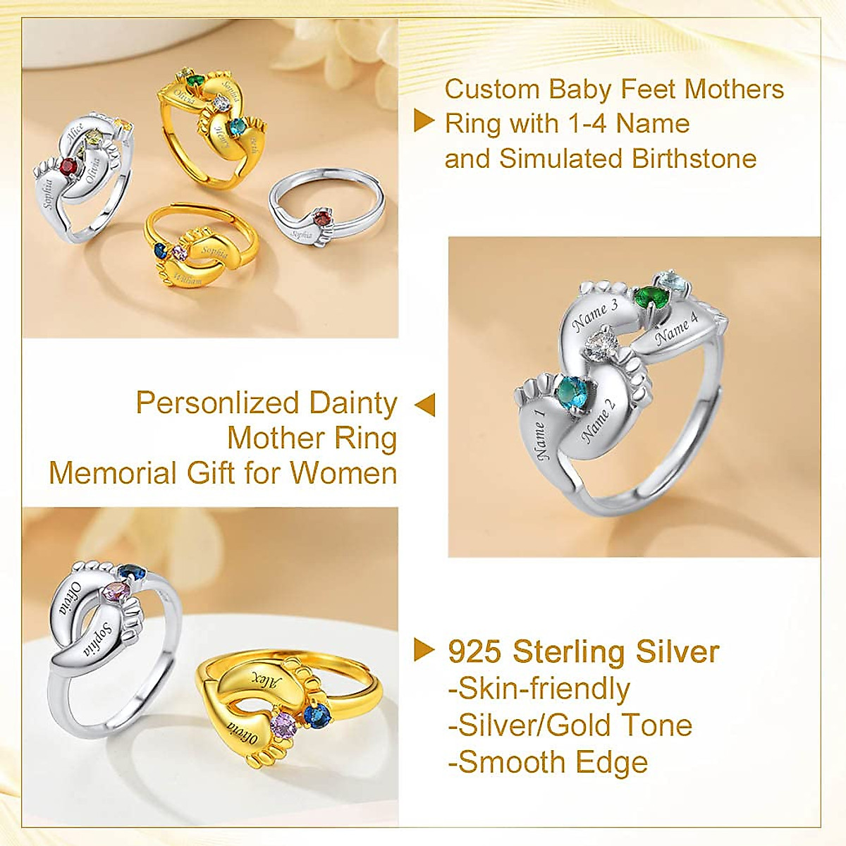 Custom4U Gold Baby Feet Ring 925 Sterling Silver Engraved Mother Open Rings Adjustable Gift for Women Mom Grandma