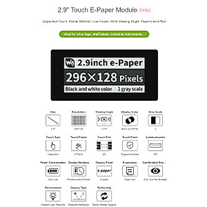 2.9 Zoll e-Paper Touch Display für Raspberry Pi Pico 296×128 E-Ink Touchscreen Anzeigemodul Zweifarbig Schwarz/Weiß 3.3V Unterstützung 5-Punkte-Touch SPI / I2C-Schnittstelle Teilaktualisierung