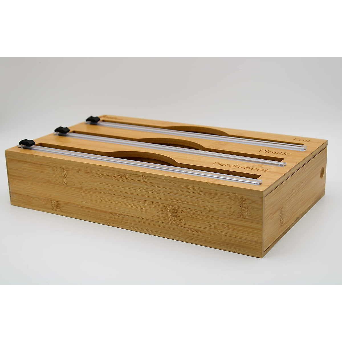 The Dolch 3 in 1 Wrap Dispenser with Cutter - Plastic Wrap Aluminum Foil and Wax Paper Organizer for Kitchen Drawer or Wall - Handy Bamboo Box for Storage - Holder Organizes Rolls -12" Roll Compatible