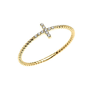 10K Yellow Gold Diamond Accented Sideways Cross Rope Design Statement Ring (K-M Color) - Size 8