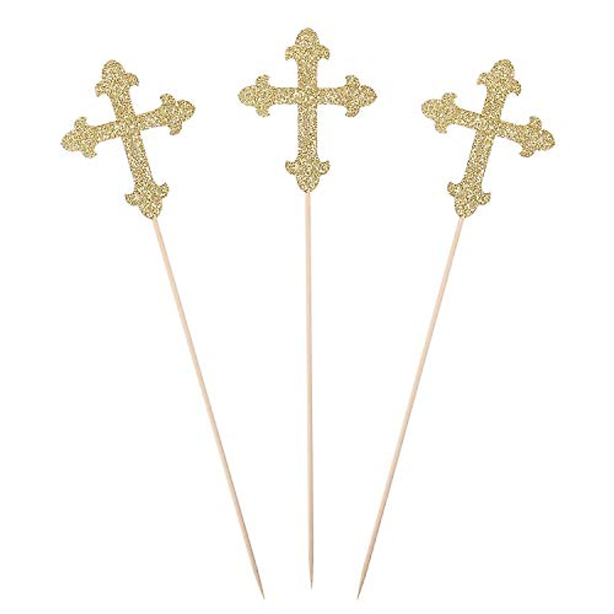 Gold Glitter Cross Centerpiece Sticks for Baptism Christening Party Decorations - Set of 10