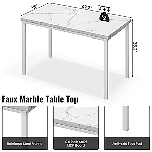 tantohom Faux Marble Dining Table Set, Compact Kitchen Table and Chairs for 4, 5 Pieces Dining Room Table Set with 4 Leather Upholstery Chairs for Small Space, Living Room, Breakfast Nook, All White