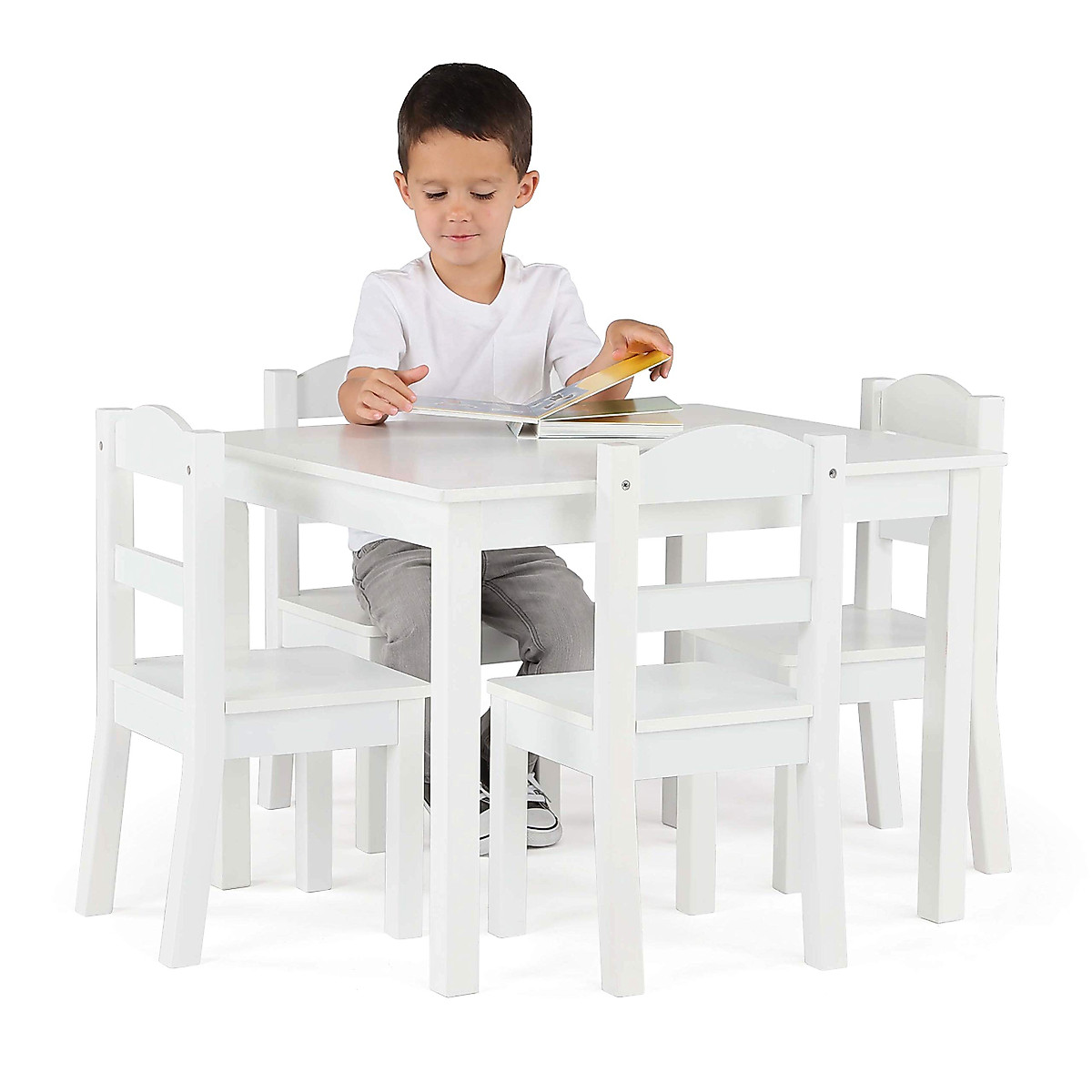 Humble Crew, White Kids Wood Table and 4 Chairs Set