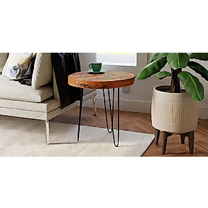 HEFT Solid Teak Wood Round Side Table - Handcrafted Circle Coffee Table for Living Room, Bedside, Office - Modern Accent Furniture with Lichtenberg Patterns - Black Metal Frame & Legs - Large