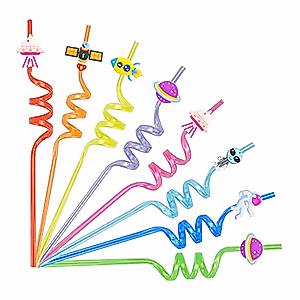 24 PC Outer Space Straws Party Favors, Reusable Plastic Straws for Birthday Party Decorations Include Solar System Astronaut Rocket Spaceship Satellite Planet Straws with 2 PC Clean Brushes
