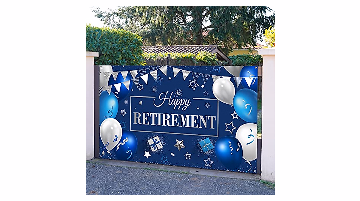 Retirement Party Decorations - Large Fabric Sign Banner in Blue & Silver
