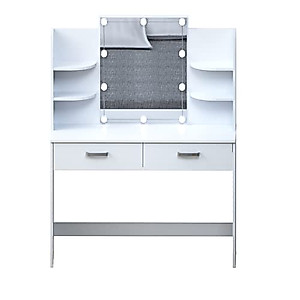 AOCOROE Makeup Vanity Table with Mirror & 10 Light Bulbs, White Vanity Set with Cushioned Stool, 6 Storage Shelves 2 Drawers, 42.5in(L) Dressing Table Dresser Desk for Women, Girls, Bedroom