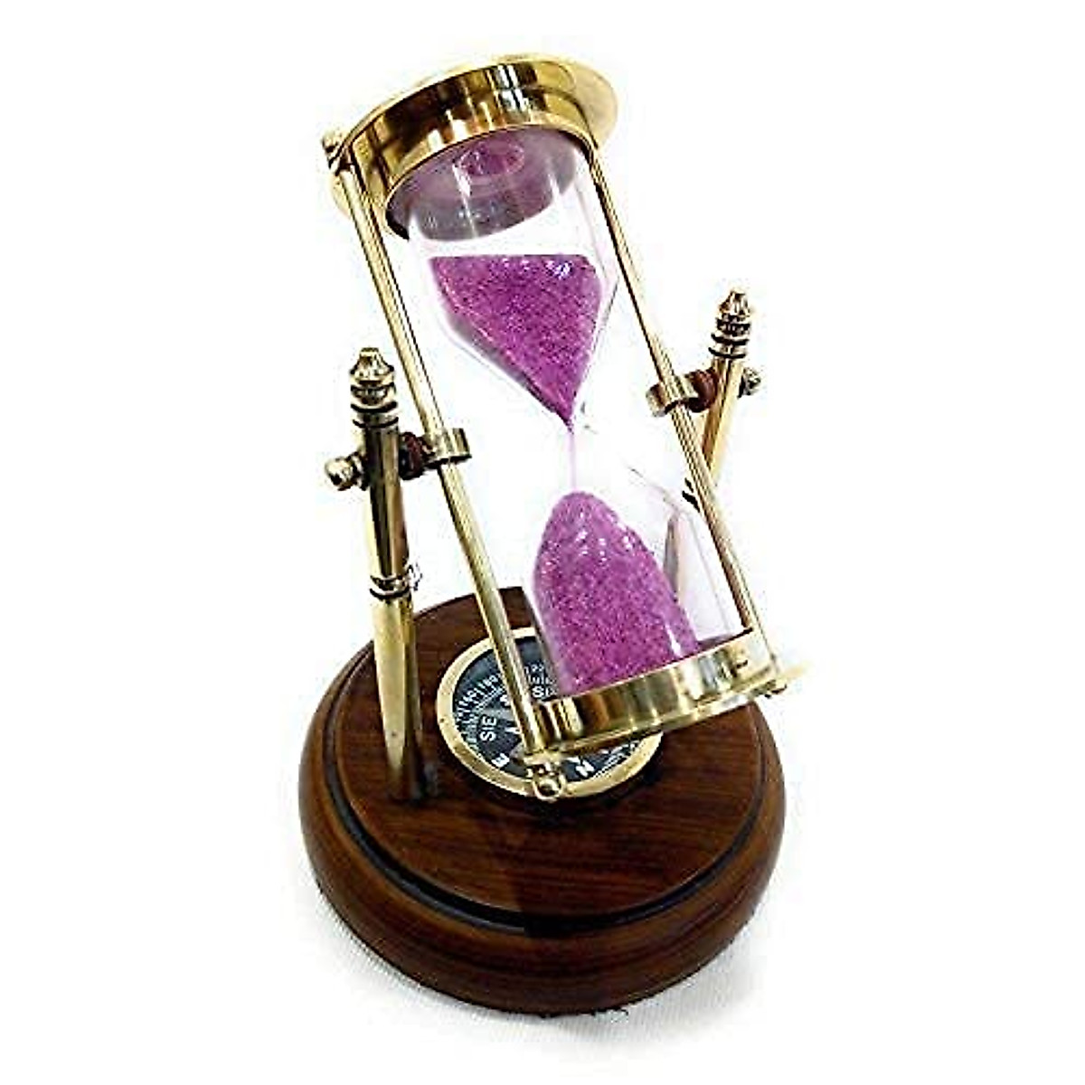 Unique Nautical Brass Sand Timer Nautical Wooden Base 5 Minutes Hour Glass for Gift (Purple)