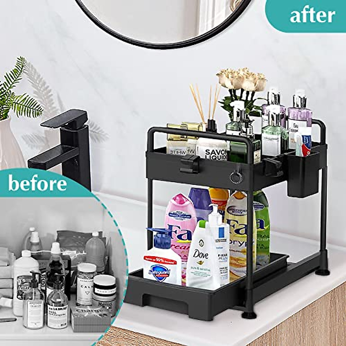 SAMODRA Under Sink Organizers and Storage, Kitchen Storage Rack 2 Tier Drawer Pull-able Cabinet Basket Organizer Bathroom Storage Rack with Hooks, DIY Removable Dividers -Black