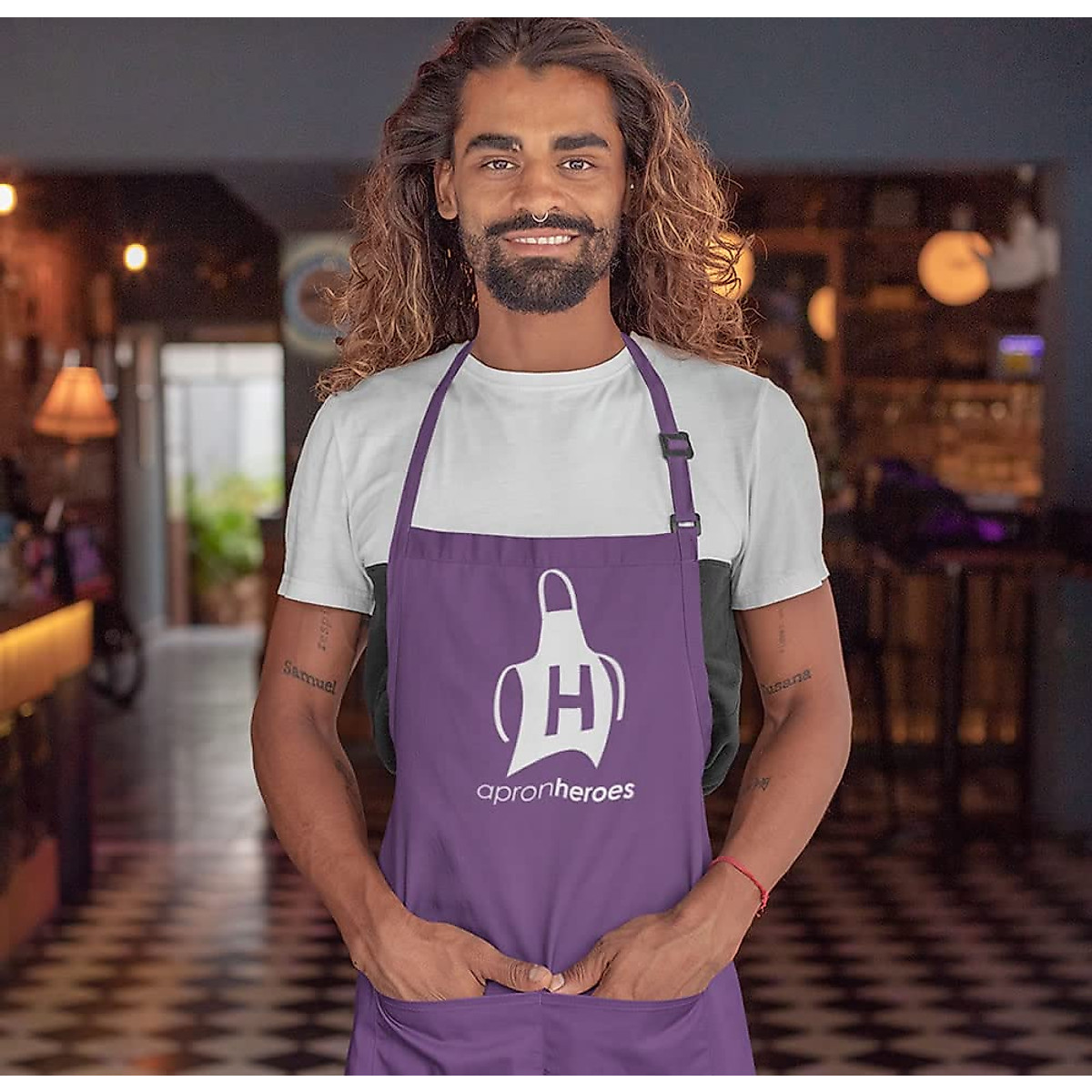 APRON HEROES - Purple Apron, Baking Apron, Baking Apron for Women, & Men, Portion of Profits Are Donated to End Child Hunger in the USA, Purple White
