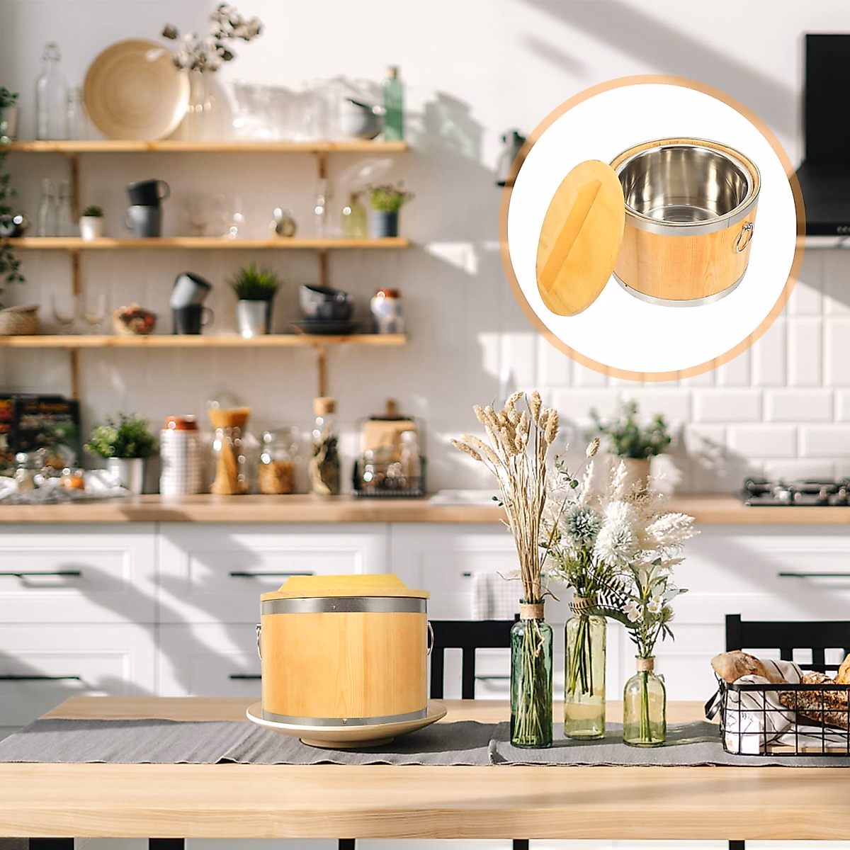 Hemoton Sushi Rice Cooling Bowl Wooden Rice Bucket Wooden Hangiri Sushi Rice Mixing Tub with Lid Stainless Steel Rice Warmer Japanese Rice Cooking Tub