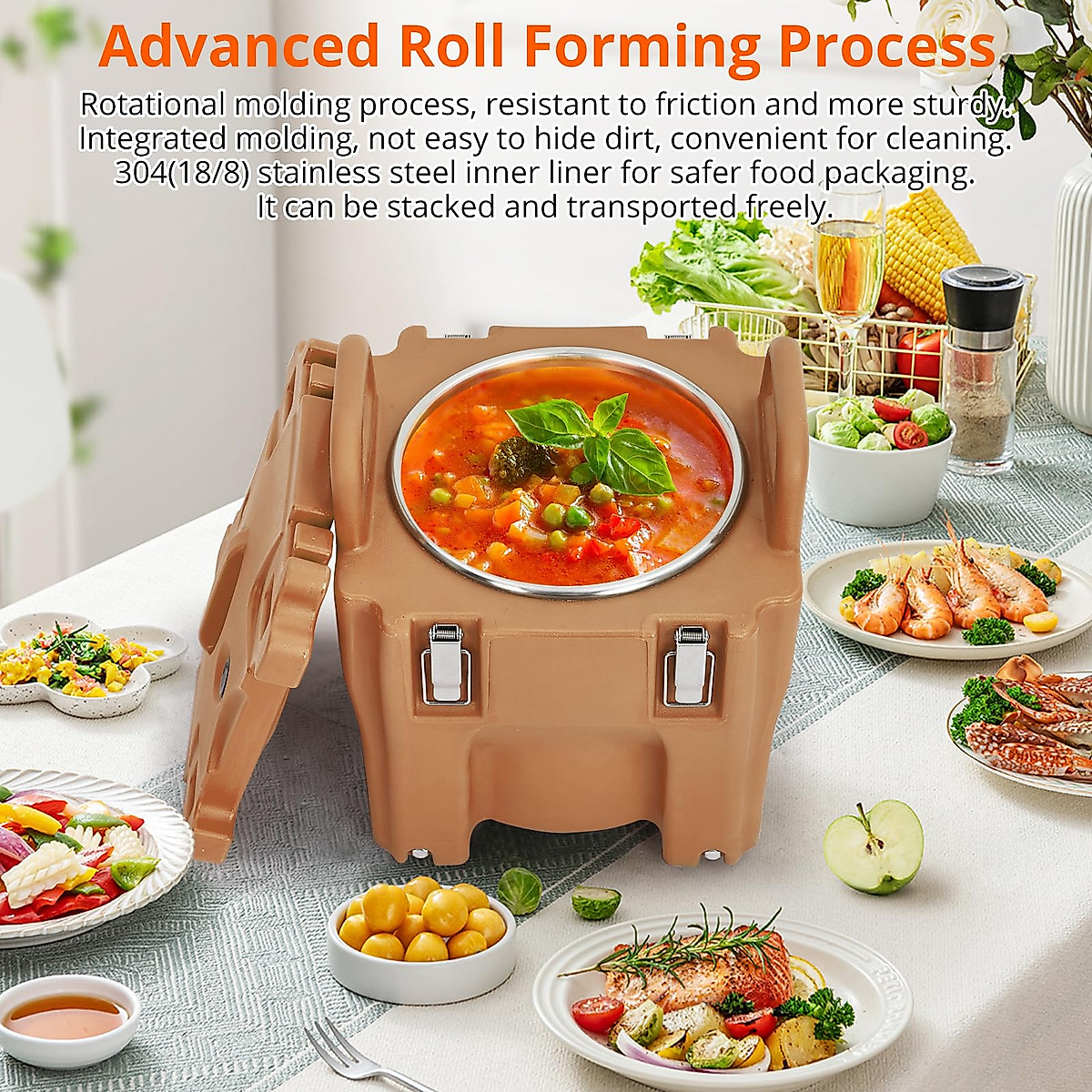 GarveeHome Insulated Food Pan Carrier - 20L Capacity, Top Load, With Spoon, Wheel and Safe Lock, Stainless Steel Liner, Red, for Catering, Family Gathering, Canteen, Brown