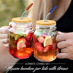 Bamboo Mason Jar Lids with Straw Hole, Stainless Steel Reusable Straws with Colored Silicone Tips, Straw Cleaner Brush and Polyester Bag, 70mm Bamboo Mason Jar Lids (Regular Mouth)