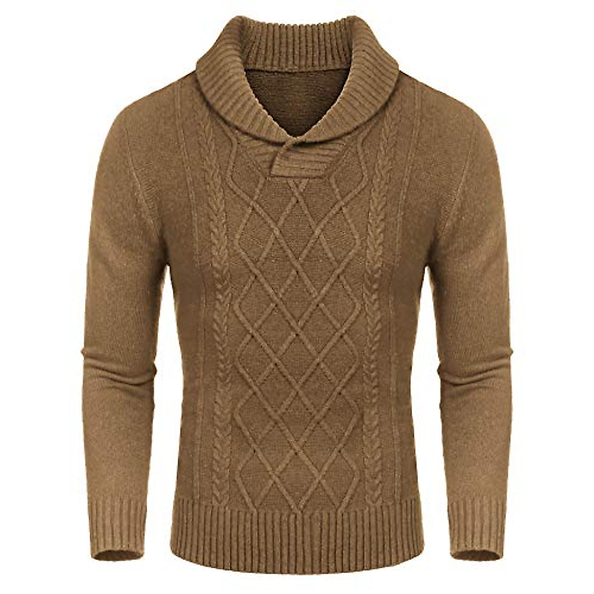 COOFANDY Men's Shawl Collar Sweaters V-Neck Cotton Relaxed Fit Cable Pullover (Khaki, XXX-Large)