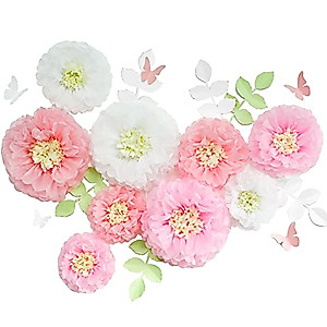 Komiikka Tissue Paper Flowers Decorations for Wall, Tissue Pom Poms Chrysanth Flowers DIY Crafting for Baby Shower, Girl Birthday Party, Nursery Wall Decorations (White Pink)