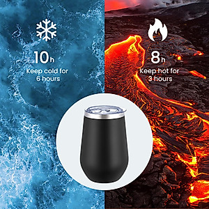 MEWAY 12oz Wine Tumbler Glasses with Lid and Straw - Stemless Double Wall Vacuum Stainless Steel Tumbler Keeping Cold & Hot for Wine,Drinks - Family and Gifts, Ideal for Travel and Office(Black,1)