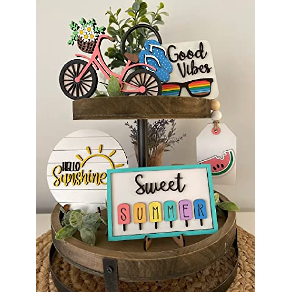Summer Tier Tray Decor Summer Decor Summer Time Hello Summer Hierarchical Tray Decorative Set Summer Wooden Decorative Wooden Kitchen Hierarchical Kitchen Pictures (Blue #7, One Size)