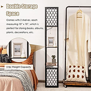 Tangkula Modern Shelf Floor Lamp, Freestanding Double Lamp w/ 2-Tier Wood Shelf & White Lampshade, E26 Bulb Base, Pull Chain & Foot Switch, Display Floor Light for Living Room Bedroom Office