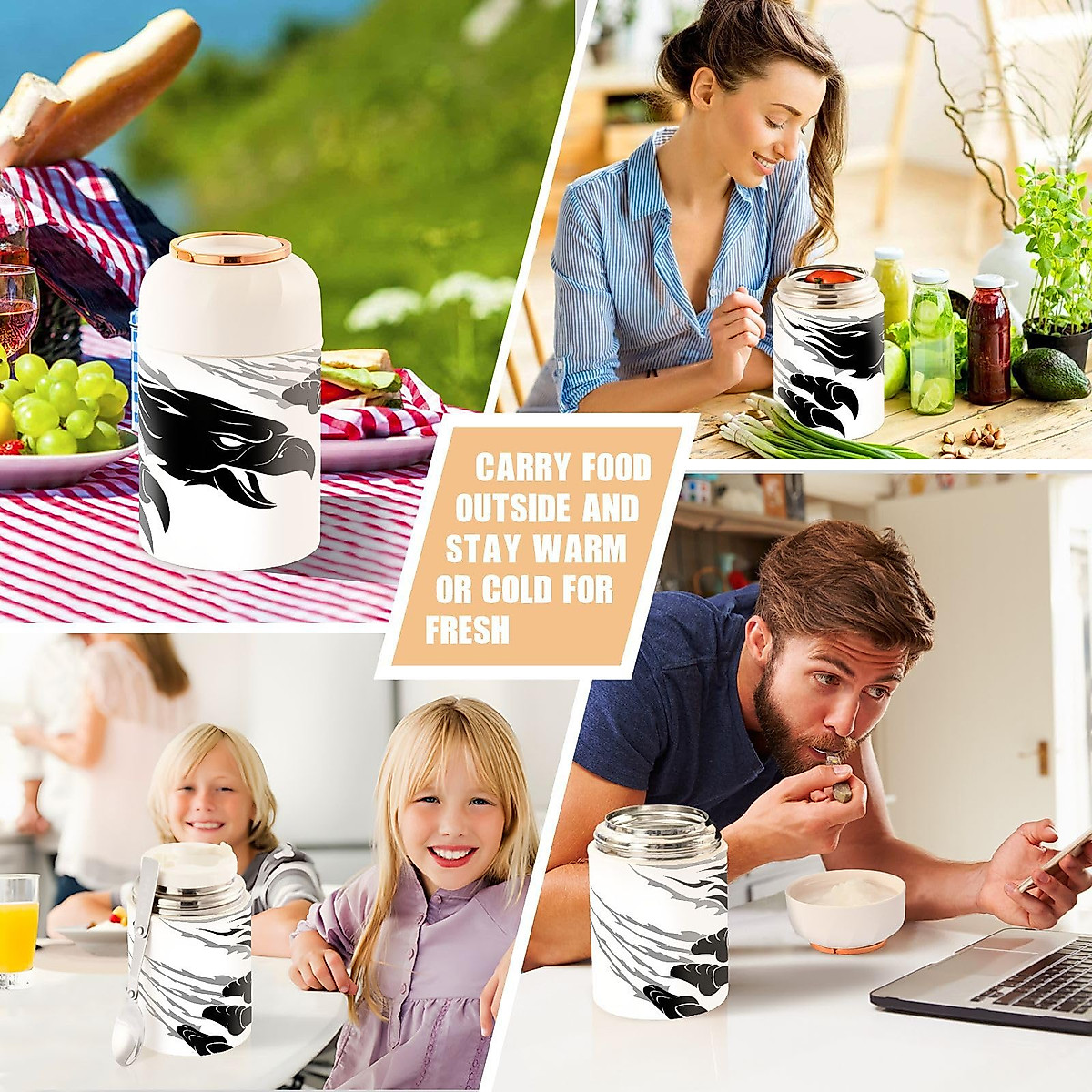 CUPADA Claw Rip Food Jar for Hot and Cold, Paw Stratching Insulated Food Jars Vacuum 17OZ with Folding Spoon for Work Trip Picnic Camping