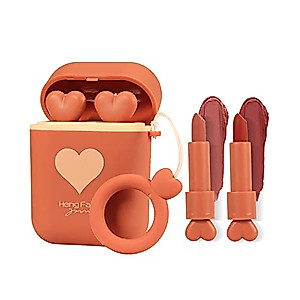 LAMUSELAND Matte Lipstick, 2Pc/Set Waterproof Long Lasting Moisturizing Lip Stain Earphone Dual-color Lip Gloss Primer, Non-stick Cup Lip Make Up Gift Kit for Girls (Red)