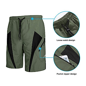 Santic Men's Bike Shorts Padded Bicycle Cycling MTB Shorts Loose-Fit 4D Padding Olive Green