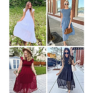 MEROKEETY Women's Summer Dresses for Women 2022 Swiss Dot Crew Neck Smocked Midi Dress,White,S