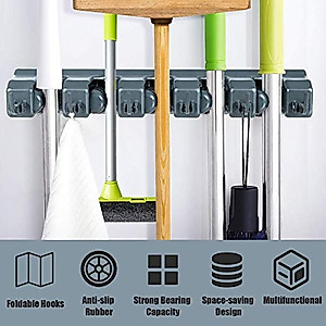Mayjooy Wall-Mounted Mop Broom Holder, Home Storage Organizer Rack w/5 Positions & 6 Hooks, Hanging Tools Organizer for Garage/Laundry/Home/Kitchen, Utility Storage Rack, Grey