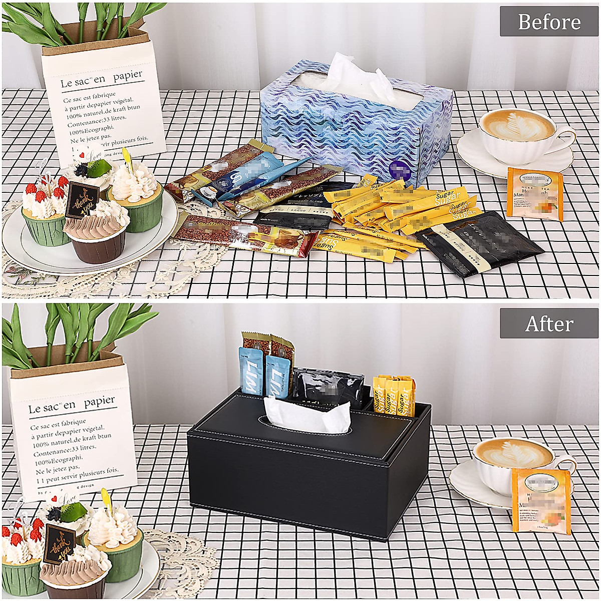Sumnacon PU Leather Rectangular Tissue Box Cover - Multifunctional Tissue Box Holder with Stationery Remote Control Box, Decorative Tissue Pen Remote Organizer for Home/Office/Car/Restaurant, Black