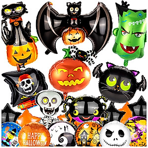 20 Pcs Halloween Balloons, Large 30IN Bat, Pumpkin, Spider, Skeleton Skull, Star Shape Mylar Balloon, Black & Orange & Purple Helium Foil Balloon for Party Decorations