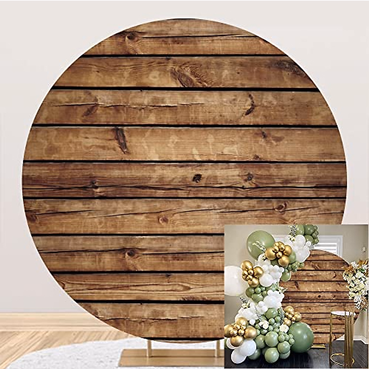 Leowefowa Polyester Wood Round Backdrop Cover(without stand) 7.5ft Wooden Backdrop Wood Backdrop for Parties Wood Circle Backdrop Stand Cover Girl Boy Birthday Baby Shower Gender Reveal Wedding Shower