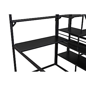 ATY Twin Over Twin Bunk Bed with 2 Desks and Shelves, 4-in-1 Metal Bedframe w/ 3 Storage Staircase & Safety Guardrail, Maximum Space Design, for Kids Bedroom, Dorm, Guestroom, Black