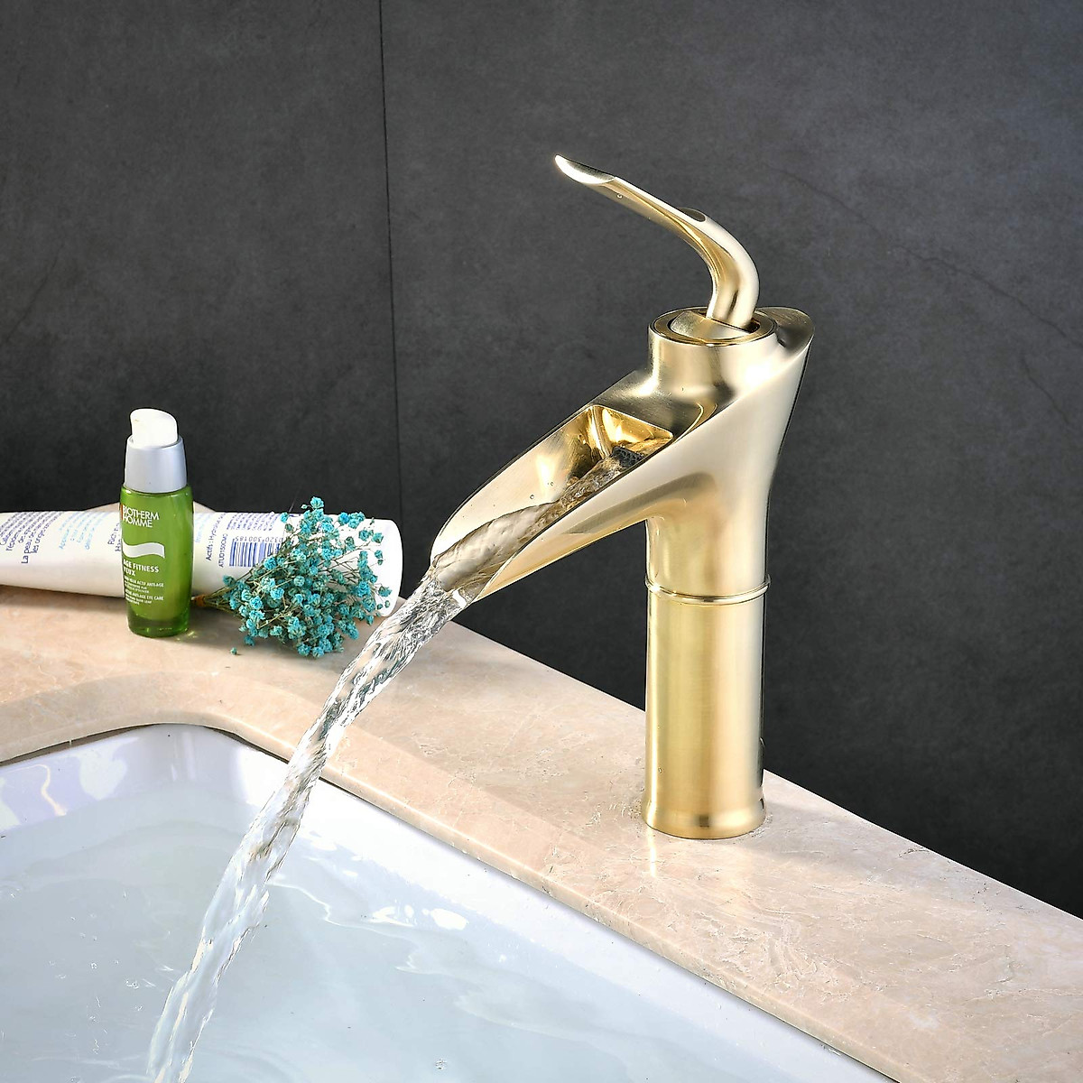 SHUNLI Waterfall Bathroom Faucet Brushed Gold Bathroom Sink Faucet,Single Hole Single Handle Lavatory Vanity Bath Faucet Commercial,Solid Brass