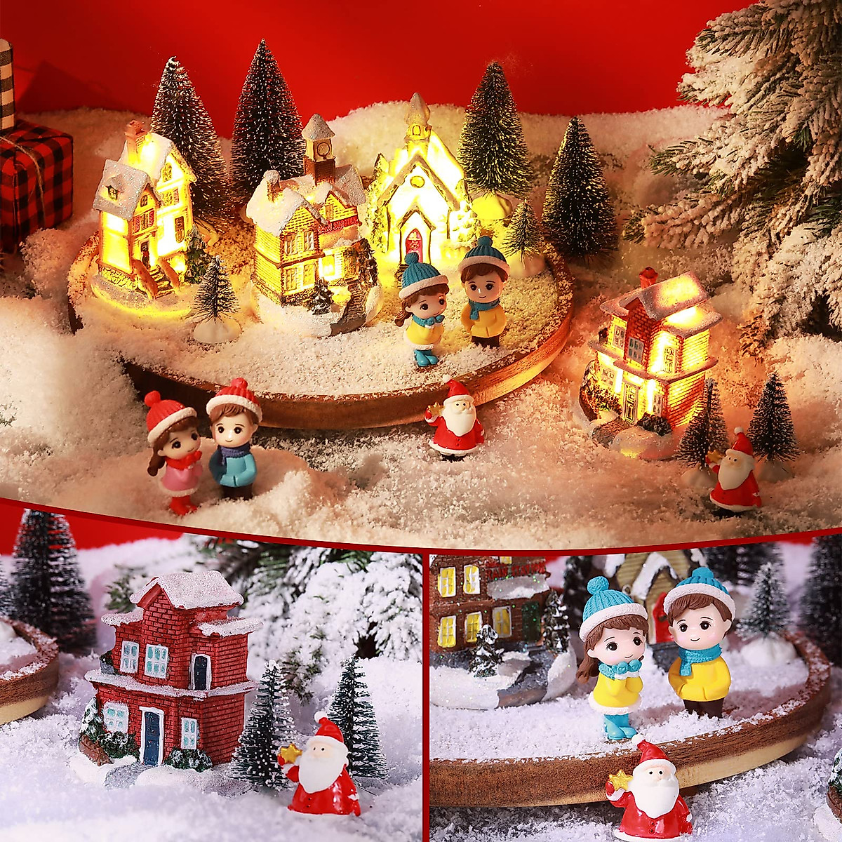18 Pcs Christmas Village Set Includes 4 LED Lighted Christmas Village Houses 4 Boys Girls Figurines Resin Santa Model 8 Mini Christmas Tree Snow Blanket Roll Winter Xmas Village Collection for Desktop