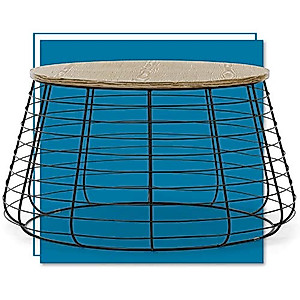 ClickDecor Lydia Matte Black Wireframe Coffee Table, Modern Farmhouse Round Living Room Accent Furniture Distressed Wood Finish Tabletop, Fully Assembled, Brown 23.6D x 23.6W x 19.7H in