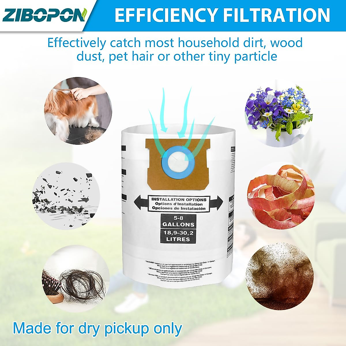 6 Pack 90661 Type E / 90671 Type H Filter Bags Compatible with Shop Vac 5-8 Gallon Wet/Dry Vacuum, Part 9066100 9066133 9067100 9067133