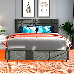 PIETFIU Modern Queen Bed Frame with Adjustable Headboard and 4 Storage Drawers,Linen Upholstered Platform Bed Frame with Solid Wood Slat and Button Tufted Design,No Box Spring Needed (Queen)